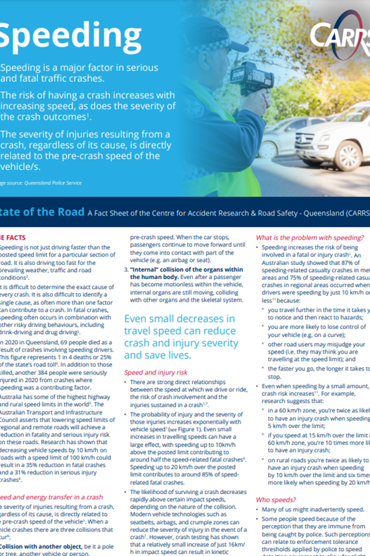 Speeding Fact Sheet - Centre for Accident Research & Road Safety ...