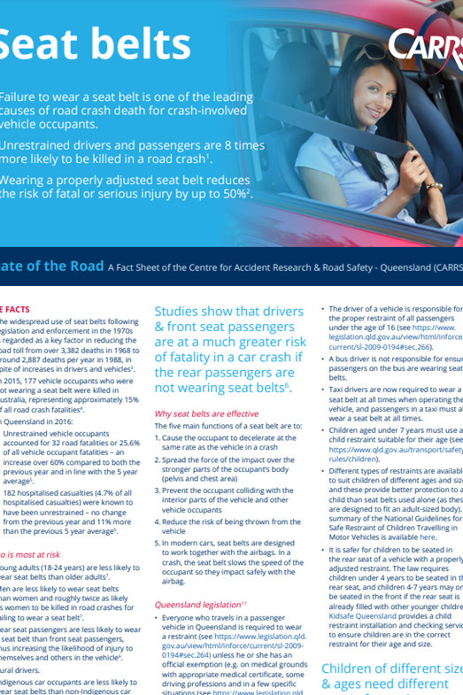Seat belts Fact Sheet - Centre for Accident Research & Road Safety - Queensland (CARRS-Q)