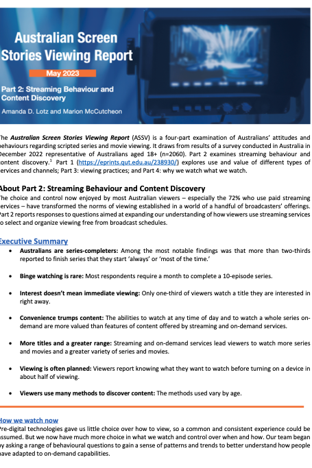 Australian Screen Stories Viewing Report: Part 2: Streaming Behaviour ...